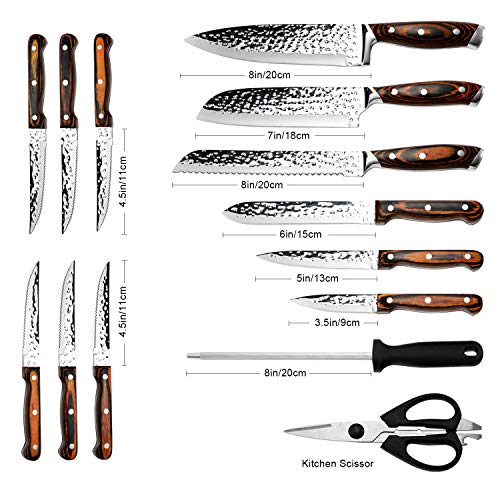 Kitchen Knife Set,15-Piece Knife Set With Block Wooden,Self Sharpening For Chef Knife Set,High Carbon Japan Stainless Steel Hammered Collection Knife Block Set with Steak Knives, Boxed Knife Sets