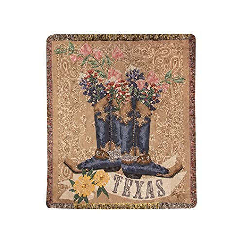 CC Home Furnishings Brown and Blue Texas Bluebonnet Throw Blanket with Fringe Border 60" X 50"