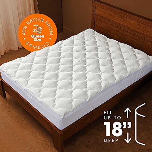 Cheer Collection Soft and Plush Bamboo Fitted Mattress Topper - Twin Size - Plush Eco Friendly Mattress Protector Cover for Bedding - (Queen)