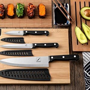 COKUMA Kitchen Knife, 3-Pcs Knife Set With Sheath, 8 Inch Chef Knife, 4.5 Inch Utility Knife, 4 Inch Paring Knife, Stainless Steel Chef Knife Set, Black