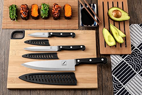 COKUMA Kitchen Knife, 3-Pcs Knife Set With Sheath, 8 Inch Chef Knife, 4.5 Inch Utility Knife, 4 Inch Paring Knife, Stainless Steel Chef Knife Set, Black