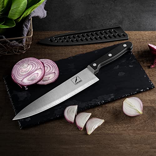 COKUMA Kitchen Knife, 3-Pcs Knife Set With Sheath, 8 Inch Chef Knife, 4.5 Inch Utility Knife, 4 Inch Paring Knife, Stainless Steel Chef Knife Set, Black