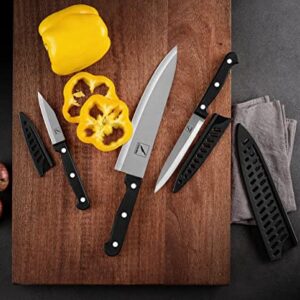 COKUMA Kitchen Knife, 3-Pcs Knife Set With Sheath, 8 Inch Chef Knife, 4.5 Inch Utility Knife, 4 Inch Paring Knife, Stainless Steel Chef Knife Set, Black