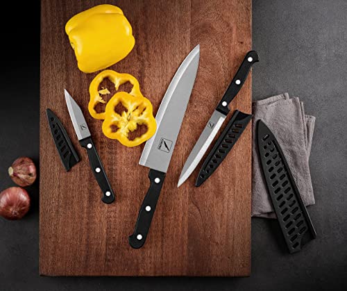 COKUMA Kitchen Knife, 3-Pcs Knife Set With Sheath, 8 Inch Chef Knife, 4.5 Inch Utility Knife, 4 Inch Paring Knife, Stainless Steel Chef Knife Set, Black