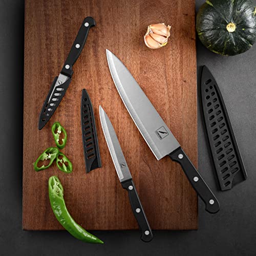 COKUMA Kitchen Knife, 3-Pcs Knife Set With Sheath, 8 Inch Chef Knife, 4.5 Inch Utility Knife, 4 Inch Paring Knife, Stainless Steel Chef Knife Set, Black