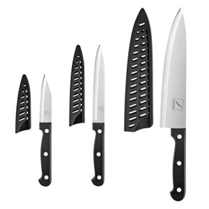 COKUMA Kitchen Knife, 3-Pcs Knife Set With Sheath, 8 Inch Chef Knife, 4.5 Inch Utility Knife, 4 Inch Paring Knife, Stainless Steel Chef Knife Set, Black