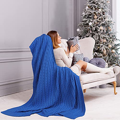 uxcell Cotton Cable Knit Throw Blanket Soft Throw Couch Covers Decors Knitted Blankets for Sofa Bed, Blue Throw(47" x 70")