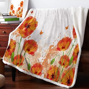 sherpa fleece blanket soft warm throw blankets, spring orange poppy flower butterfly warm color bloom reversible bed blankets fuzzy fluffy microfiber blankets for couch sofa travel all season