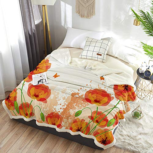 Sherpa Fleece Blanket Soft Warm Throw Blankets, Spring Orange Poppy Flower Butterfly Warm Color Bloom Reversible Bed Blankets Fuzzy Fluffy Microfiber Blankets for Couch Sofa Travel All Season