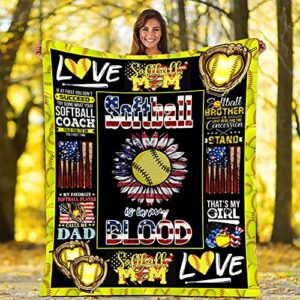 chill·tek love softball blanket, softball in my blood throw blankets soft lightweight bed blanket cozy warm velvet blanket gift for men boys all season flannel blanket for couch bed sofa, 80"x60"