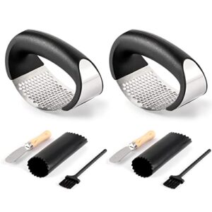 2 pack garlic press rocker, stainless steel garlic mincer with 2 peelers, 2 scrapers and 2 brushes | garlic crusher garlic chopper for smashing garlic