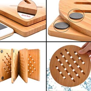 Bamboo Trivet Kitchen Bamboo Hot Pads Trivet Natural Bamboo Trivet Mat Set for Hot Dishes/Pot/Bowl/Teapot/Hot Pot Holders 2 square 2 roundness 1 storage rack