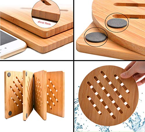 Bamboo Trivet Kitchen Bamboo Hot Pads Trivet Natural Bamboo Trivet Mat Set for Hot Dishes/Pot/Bowl/Teapot/Hot Pot Holders 2 square 2 roundness 1 storage rack