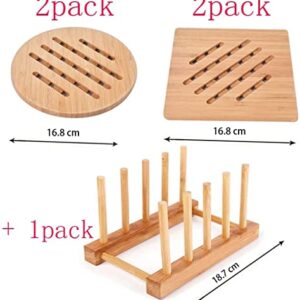 Bamboo Trivet Kitchen Bamboo Hot Pads Trivet Natural Bamboo Trivet Mat Set for Hot Dishes/Pot/Bowl/Teapot/Hot Pot Holders 2 square 2 roundness 1 storage rack