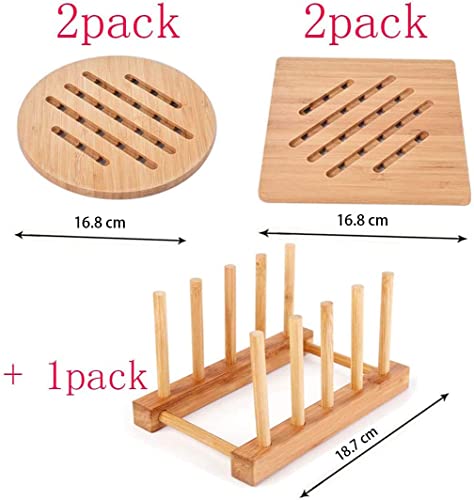 Bamboo Trivet Kitchen Bamboo Hot Pads Trivet Natural Bamboo Trivet Mat Set for Hot Dishes/Pot/Bowl/Teapot/Hot Pot Holders 2 square 2 roundness 1 storage rack