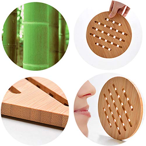 Bamboo Trivet Kitchen Bamboo Hot Pads Trivet Natural Bamboo Trivet Mat Set for Hot Dishes/Pot/Bowl/Teapot/Hot Pot Holders 2 square 2 roundness 1 storage rack