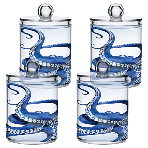 ALAZA Blue Marine Kraken Octopus Qtip Holder Organizer Dispenser for Cotton Ball, Cotton Swab, Cotton Round Pads, Floss,Bathroom Canisters Storage Organizer, Vanity Makeup Organizer,2Pack