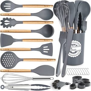 33 pcs kitchen utensils set, kikcoin wood handle silicone cooking utensils set with holder, spatulas silicone heat resistant cooking gadgets for nonstick cookware, grey