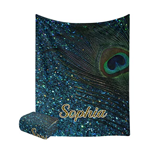 Peacock Feather Printing Personalized Blanket with Name Super Soft Fleece Throw Blankets for Bed Couch Birthday Wedding Gift 60 x 80 inch