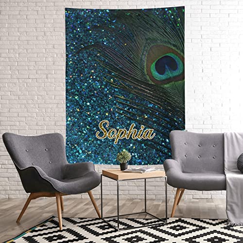 Peacock Feather Printing Personalized Blanket with Name Super Soft Fleece Throw Blankets for Bed Couch Birthday Wedding Gift 60 x 80 inch