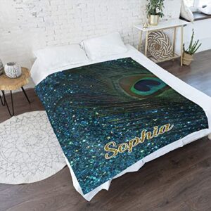 Peacock Feather Printing Personalized Blanket with Name Super Soft Fleece Throw Blankets for Bed Couch Birthday Wedding Gift 60 x 80 inch