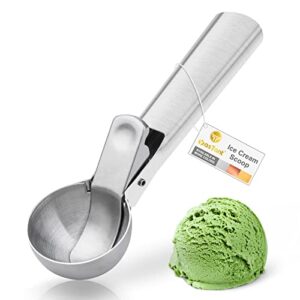 yastant premium ice cream scoop with trigger ice cream scooper stainless steel, heavy duty metal icecream scoop spoon dishwasher safe, perfect for frozen yogurt, gelatos, sundaes, medium silver