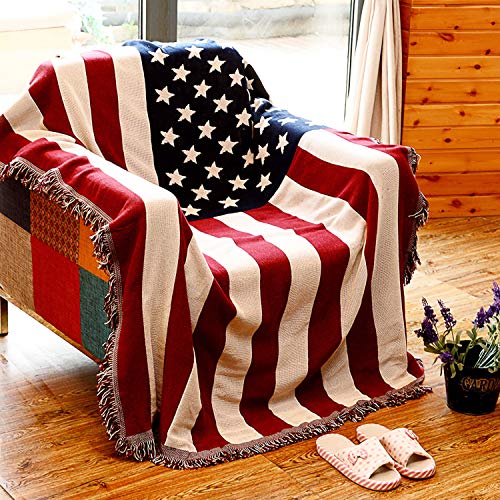 MayNest American Flag Throw Blanket Reversible Soft Woven Cotton Thick Large Tassels Rug Vintage USA Military United States Print Knit Tapestry Chair Recliner Loveseat Couch Sofa Cover (Small: 71x51)