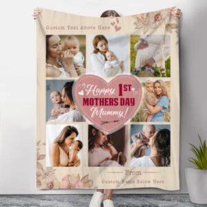 basilius happy 1st mothers day blanket custom photo, personalized first mothers day blanket for daughter for wife, photo collage blanket throw for new mom, 1st time mom gifts