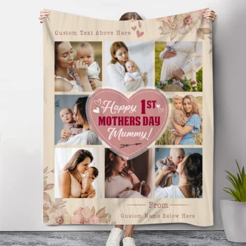 Basilius Happy 1st Mothers Day Blanket Custom Photo, Personalized First Mothers Day Blanket for Daughter for Wife, Photo Collage Blanket Throw for New Mom, 1st Time Mom Gifts