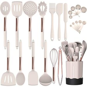 silicone cooking utensil set, fungun kitchen utensils set with copper handle 24 pcs kitchen gadgets tools set, non-stick heat resistant kitchen spatulas set - khaki…