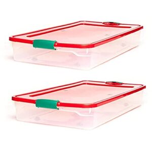 homz 60-quart latching holiday underbed durable storage organizer container box tote with easy grip handles and glide wheels, clear (2 pack)