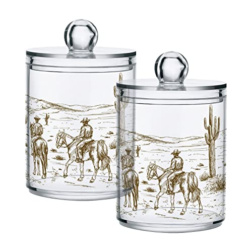 Nander 2Pack Qtip Holder Dispenser -Horse and Cactus Clear Plastic Apothecary Jars Set - Restroom Bathroom Makeup Organizers Containers for Cotton Swab, Ball, Pads, Floss