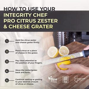 Integrity Chef PRO Citrus Zester and Cheese Grater - Premium Non-Slip Grip Handle, Dishwasher Safe Lemon Zester - Parmesan, Garlic, Nutmeg, Chocolate, Ginger Grater - Stainless Steel Grater (13.2")