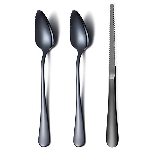 Black Grapefruit Spoons 3 Pieces Set, 2 Stainless Steel Grapefruit Spoon And 1 Grapefruit knife With Titanium Plating, Grapefruit Utensil Set, Serrated Edges Spoon pack of 3 (Black)