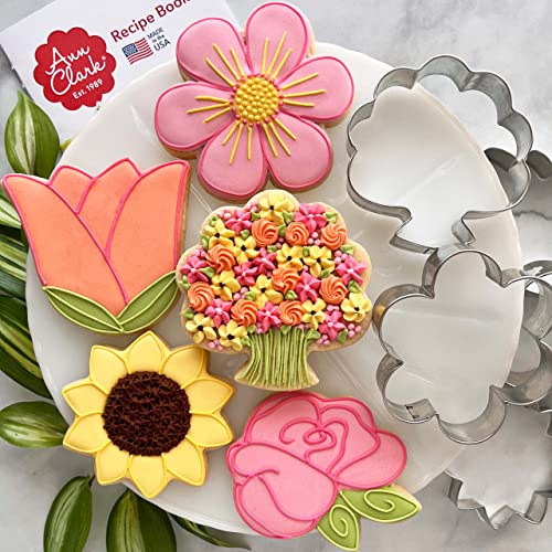 Ann Clark Cookie Cutters 5-Piece Summer Flowers Cookie Cutter Set with Recipe Booklet, Rose, Sunflower, Tulip, Flower Bouquet