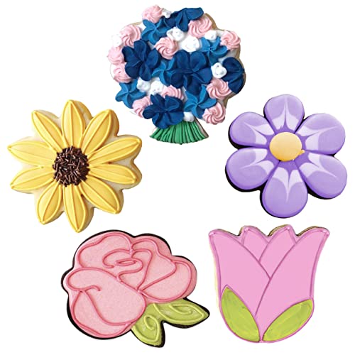 Ann Clark Cookie Cutters 5-Piece Summer Flowers Cookie Cutter Set with Recipe Booklet, Rose, Sunflower, Tulip, Flower Bouquet