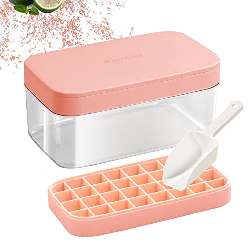 Ice Cube Tray With Lid and Bin - Silicone Ice Tray For Freezer | Comes with Ice Container, Scoop and Cover| BPA Free| Space Saving Ice Cube Molds