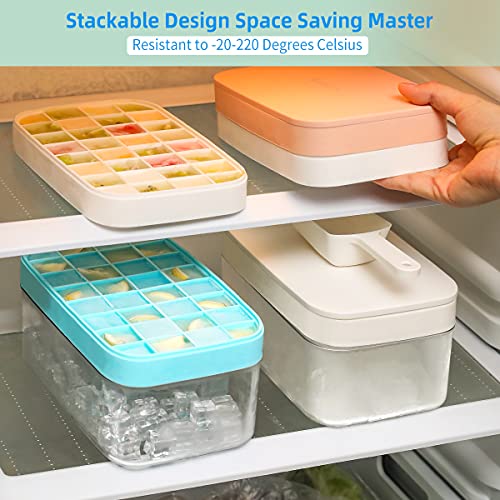 Ice Cube Tray With Lid and Bin - Silicone Ice Tray For Freezer | Comes with Ice Container, Scoop and Cover| BPA Free| Space Saving Ice Cube Molds