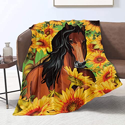 Sunflowers Horse Blanket Plush Horse Throw Blankets for Couch Bed Sofa Decor Horse Flannel Fleece Blanket for Women Men Kids Blankets Birthday Gift, 50''x60''