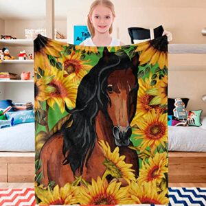 Sunflowers Horse Blanket Plush Horse Throw Blankets for Couch Bed Sofa Decor Horse Flannel Fleece Blanket for Women Men Kids Blankets Birthday Gift, 50''x60''