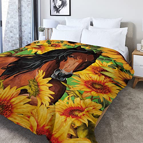 Sunflowers Horse Blanket Plush Horse Throw Blankets for Couch Bed Sofa Decor Horse Flannel Fleece Blanket for Women Men Kids Blankets Birthday Gift, 50''x60''