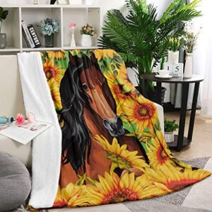 Sunflowers Horse Blanket Plush Horse Throw Blankets for Couch Bed Sofa Decor Horse Flannel Fleece Blanket for Women Men Kids Blankets Birthday Gift, 50''x60''