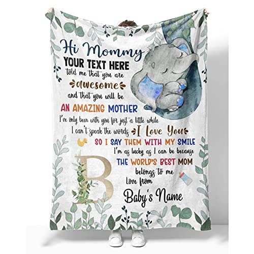 Crazy Lover Personalized Hi Mommy Blue Elephant Blanket Gift for New Mom First Time Mom Told Me That You are Awesome Mommy First Mother Day Blanket Gift, White, 30x40 Inch, 50x60 Inch, 60x80 Inch