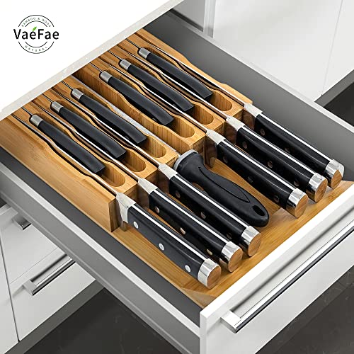 In-Drawer Knife Block, Bamboo Knife Drawer Organizer Insert, Kitchen Knife Holder Drawer for 12 Knives PLUS a Slot for your Knife Sharpener (Without Knives)