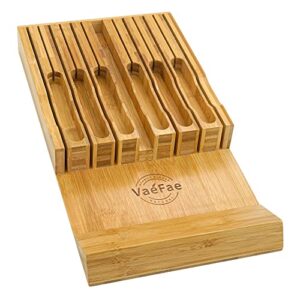 in-drawer knife block, bamboo knife drawer organizer insert, kitchen knife holder drawer for 12 knives plus a slot for your knife sharpener (without knives)