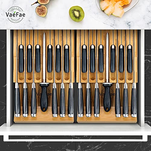 In-Drawer Knife Block, Bamboo Knife Drawer Organizer Insert, Kitchen Knife Holder Drawer for 12 Knives PLUS a Slot for your Knife Sharpener (Without Knives)