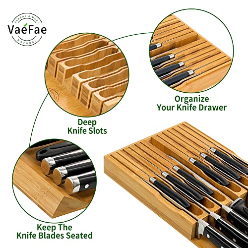 In-Drawer Knife Block, Bamboo Knife Drawer Organizer Insert, Kitchen Knife Holder Drawer for 12 Knives PLUS a Slot for your Knife Sharpener (Without Knives)