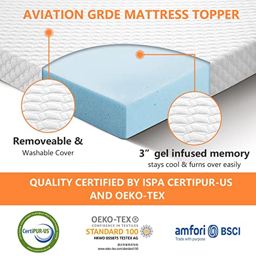 ORTHOMTEX 3 Inch Cooling Gel Memory Foam Mattress Topper Queen Size Bed,Removable Soft Cover, Comfort Body Support - Pressure Relief,10 Year Warranty