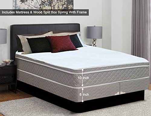 Mattress Solution 10-Inch Medium Plush Eurotop Pillowtop Innerspring Mattress and 8" Split Wood Boxspring/Foundation Set, with Frame, 75" X 48", 1