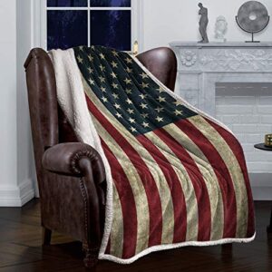 US Flag Sherpa Fleece Blanket, Super Thick and Warm Cozy Luxury Blanket 60"x80", Vintage American Flag Fourth of July Independence Day Themed Bed Blanket, Fluffy Microfiber Throw Blanket for Couch